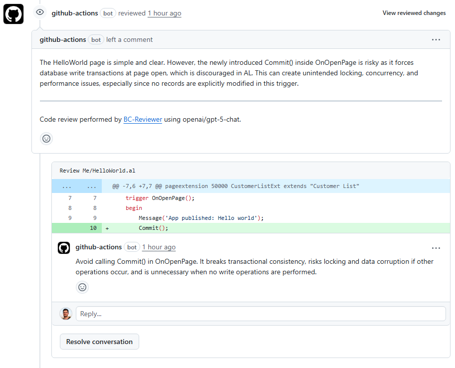 An AL-aware code review bot for Business Central (GitHub Action) | skeck
